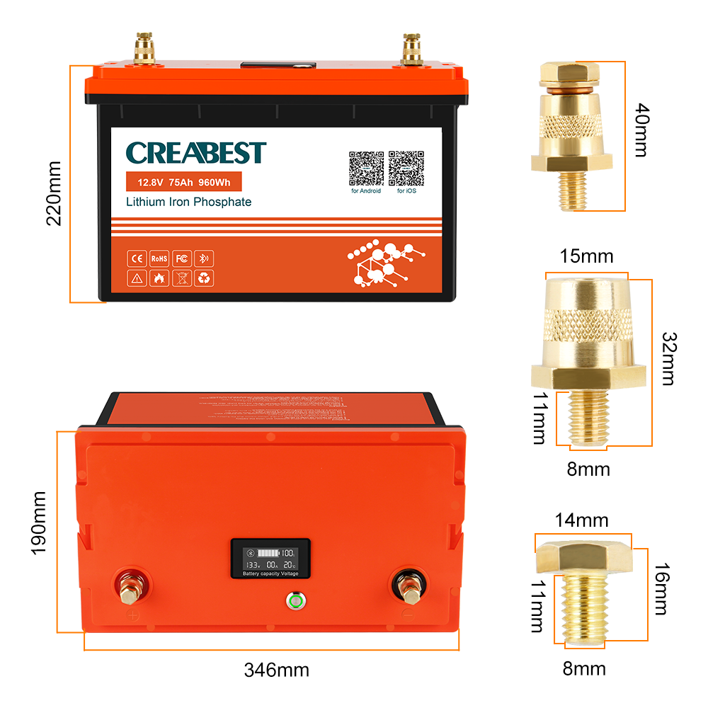 CREABEST 12V 75Ah LiFePO4 Battery with Bluetooth | RV Solar Marine ...